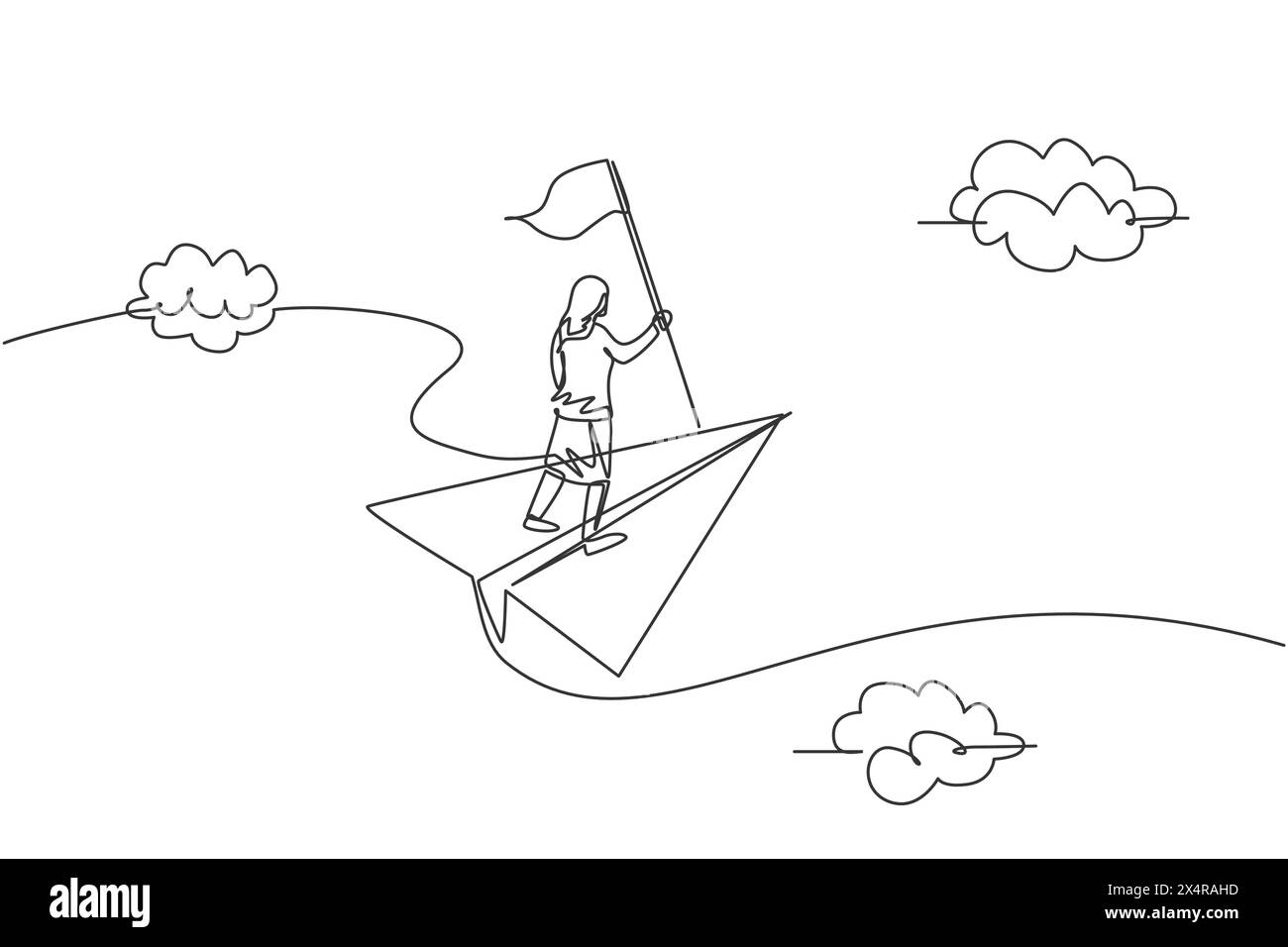 Single one line drawing of young businesswoman flying with paper plane ...