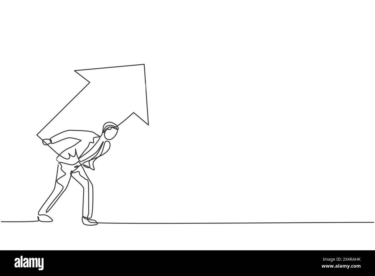 Single continuous line drawing young business man shouldered up arrow ...