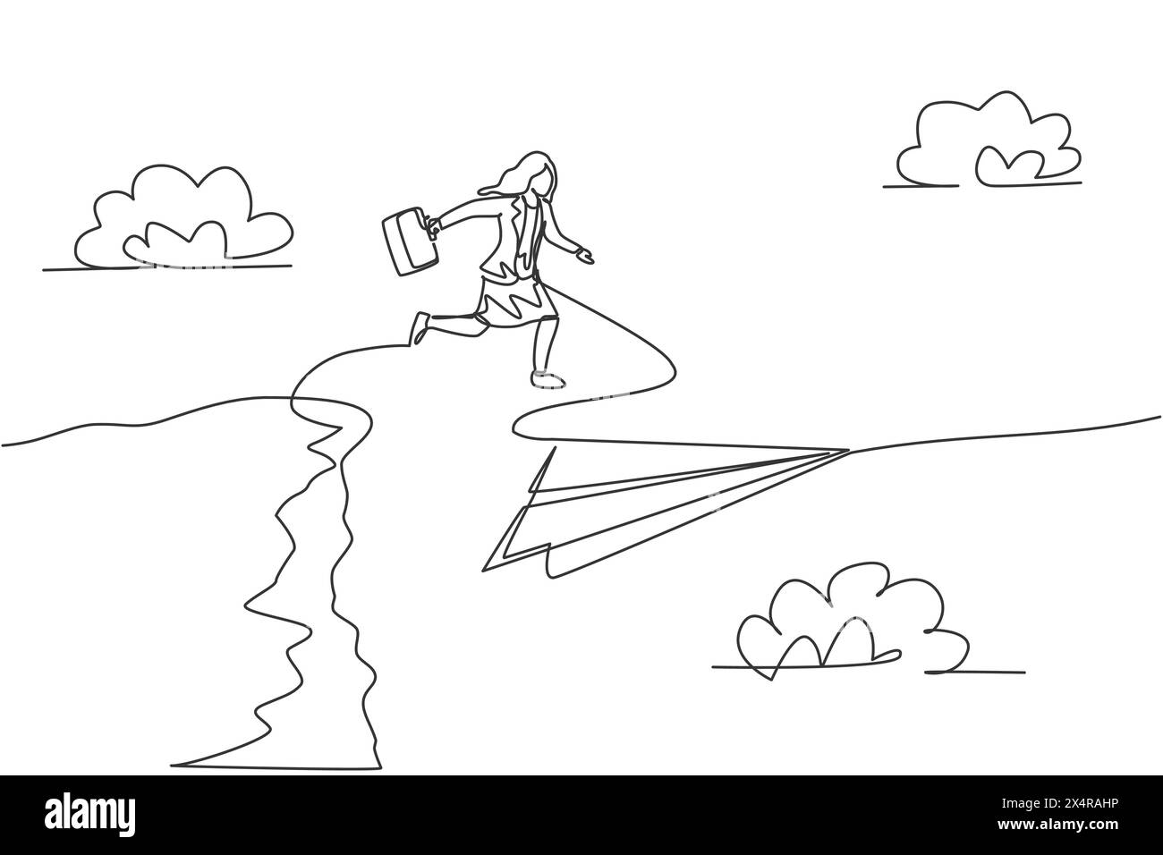 Single one line drawing young businesswoman jumping to flying paper ...