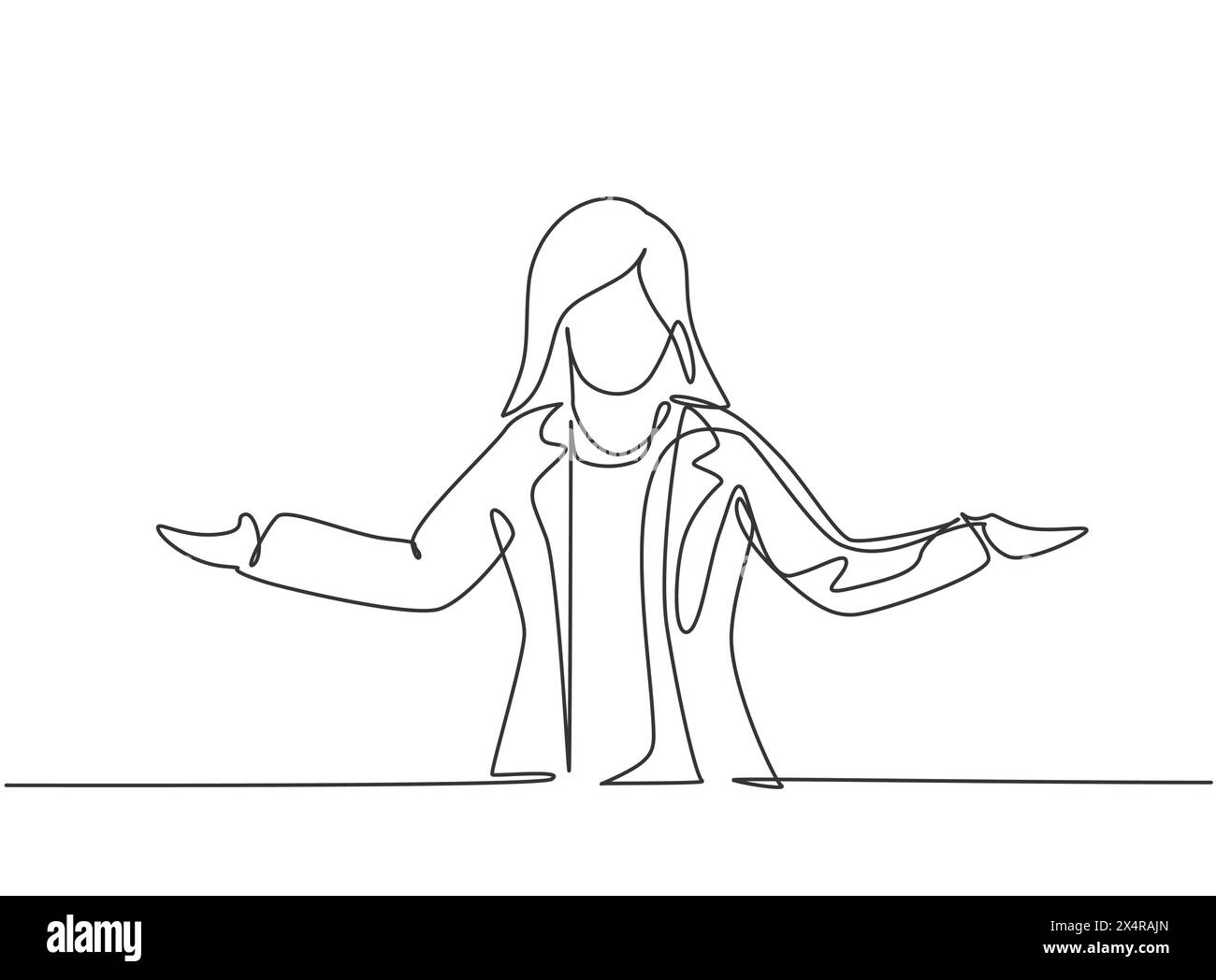 Single continuous line drawing young business woman stretched out her ...