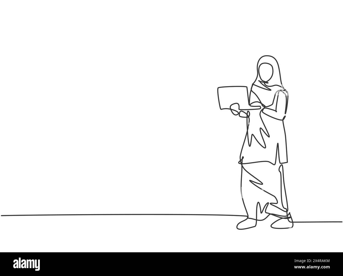 Single continuous line drawing young Arab business woman standing and ...