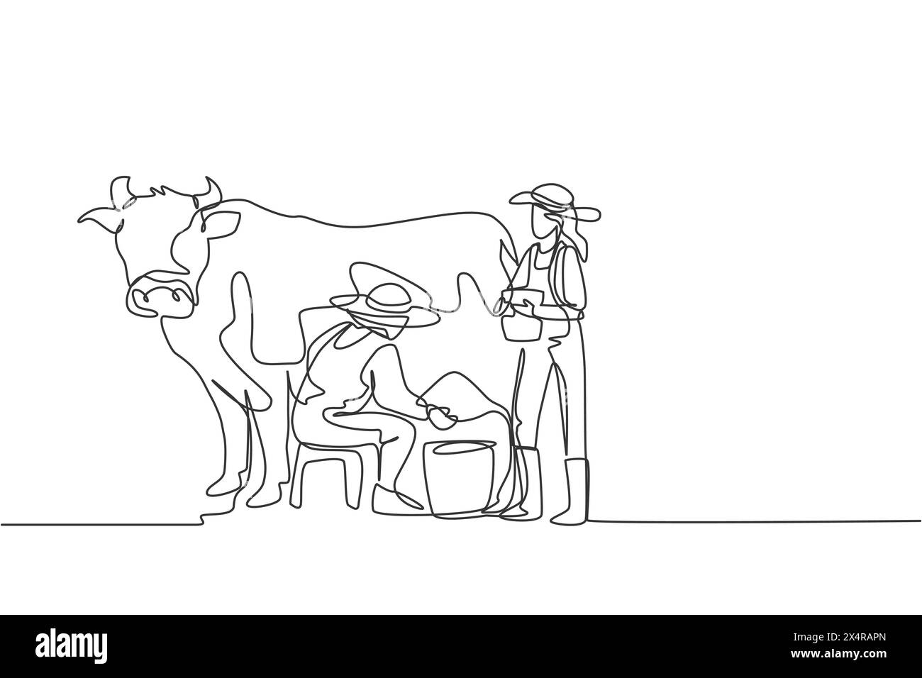 Continuous one line drawing happy couple farmer milking a cow with ...