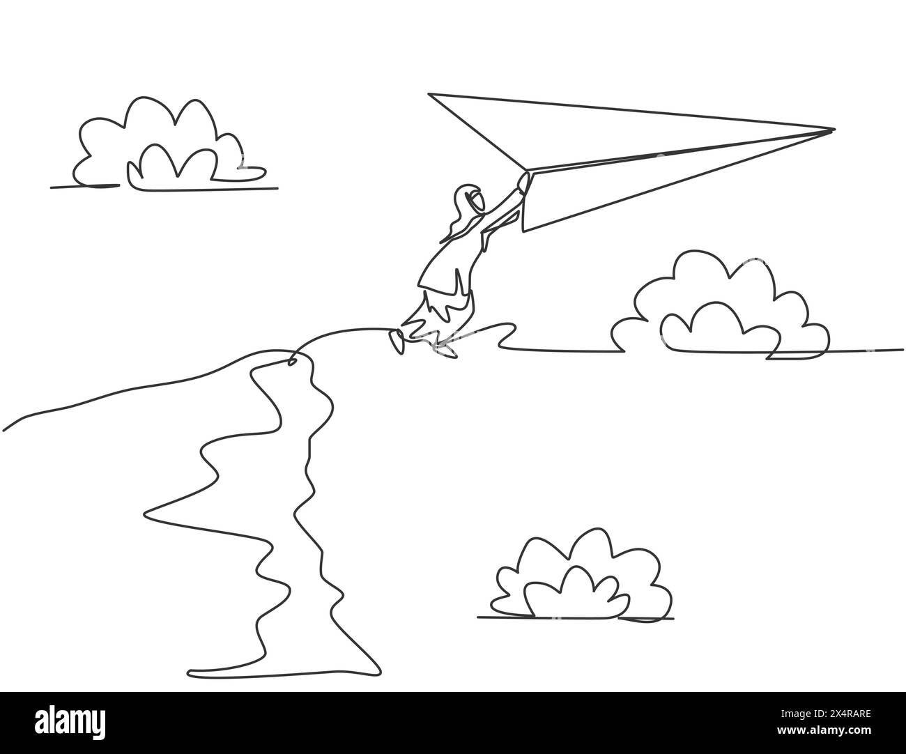 Continuous one line drawing young Arab female worker jumping to flying ...