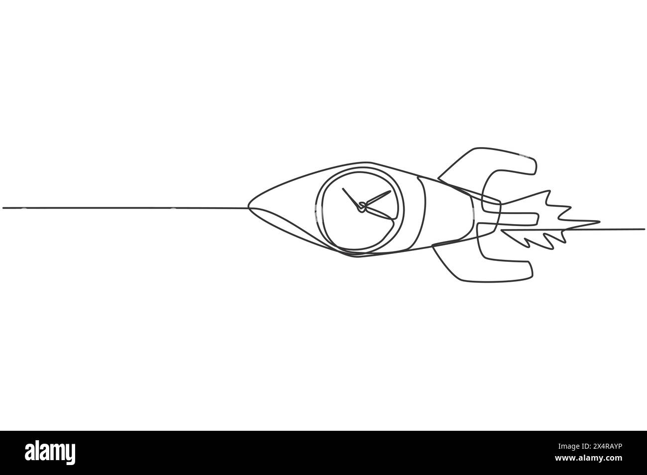 Single one line drawing of fast flying rocket with analog clock inside ...