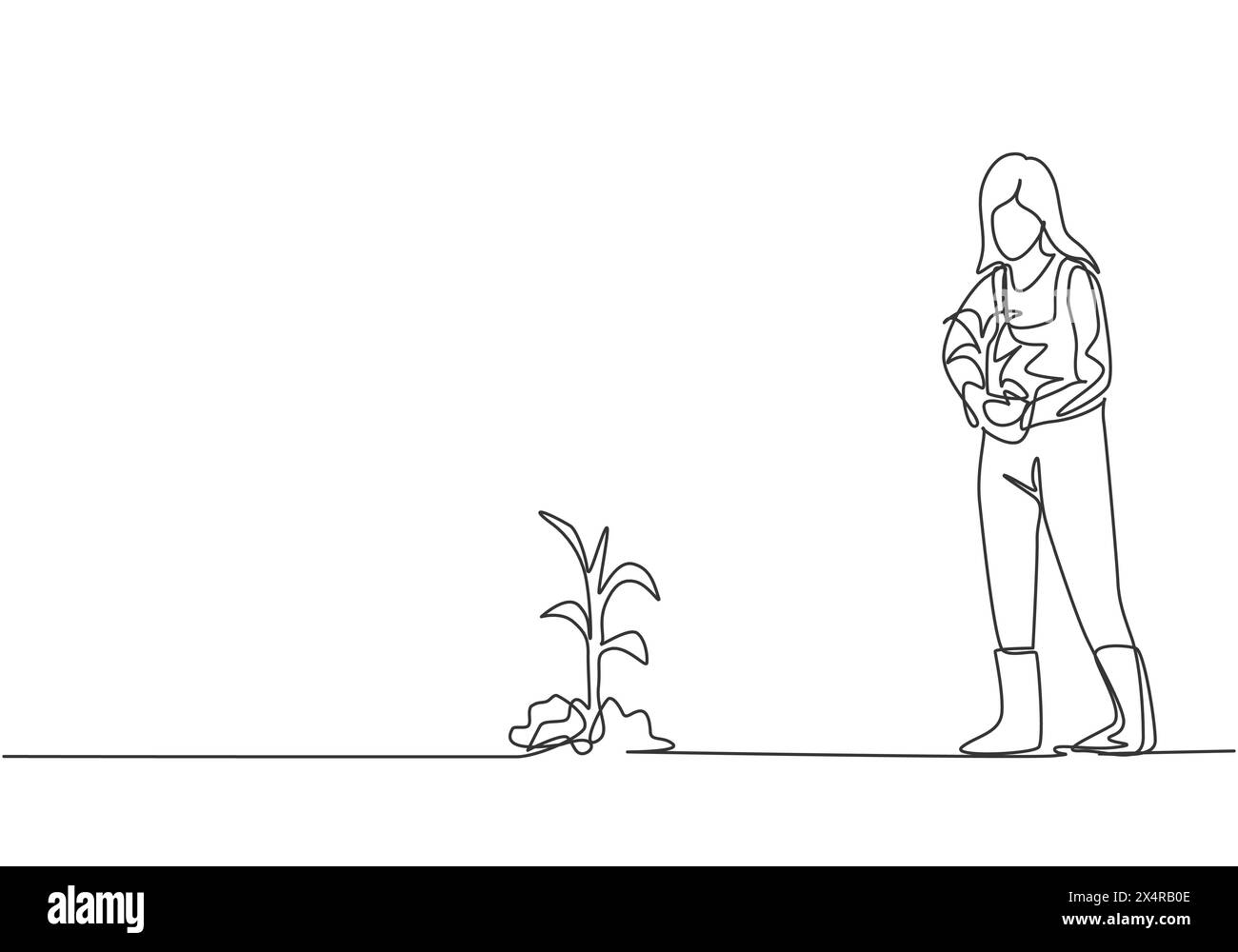 Single continuous line drawing young female farmer bring crops to be ...