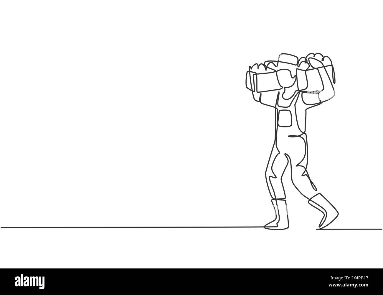 Single one line drawing of young male farmer shouldered the box and ...