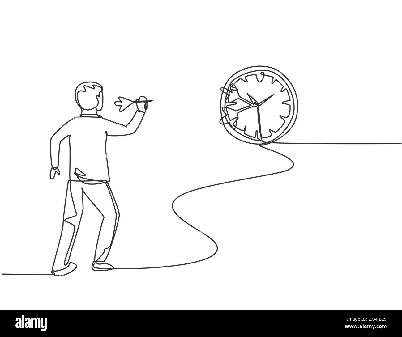 Single one line drawing of young business man hit the analog clock on ...