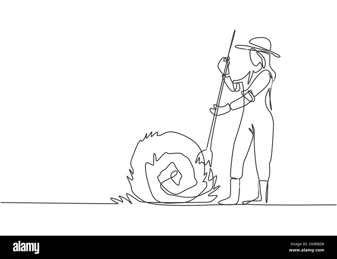 Single continuous line drawing young female farmer was stabbing a ...