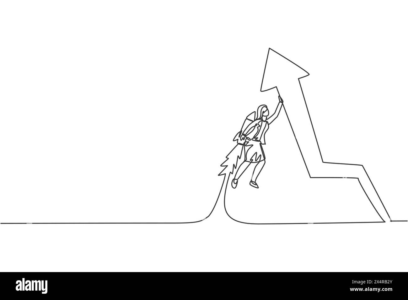 Continuous one line drawing of young female worker flying high using ...