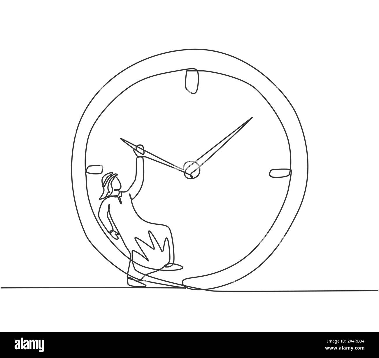 Continuous one line drawing young Arab male worker hanging on clockwise ...