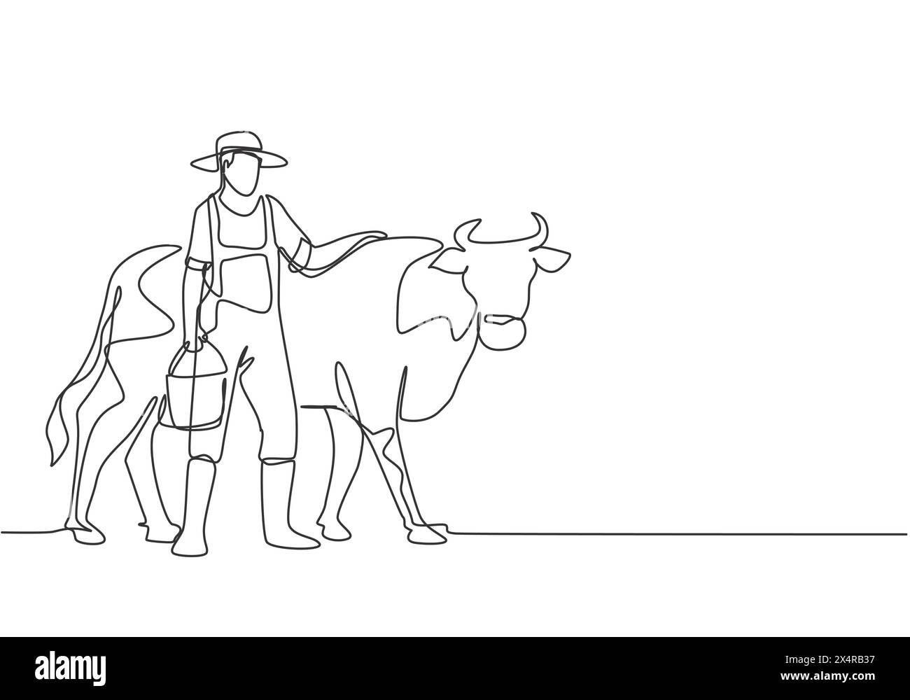 Continuous one line drawing young male farmer rubbing the cow while ...