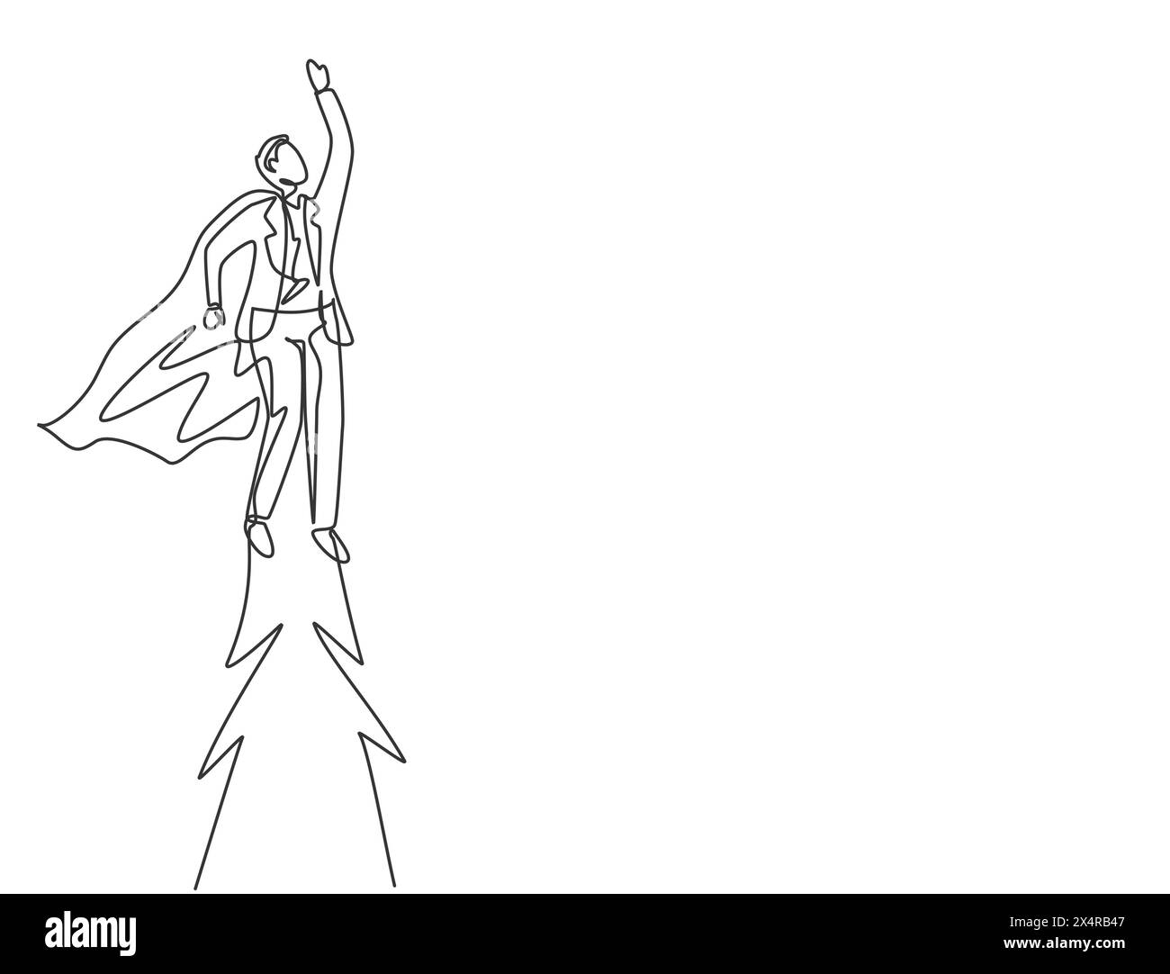 Continuous one line drawing young male worker flying high into the sky ...