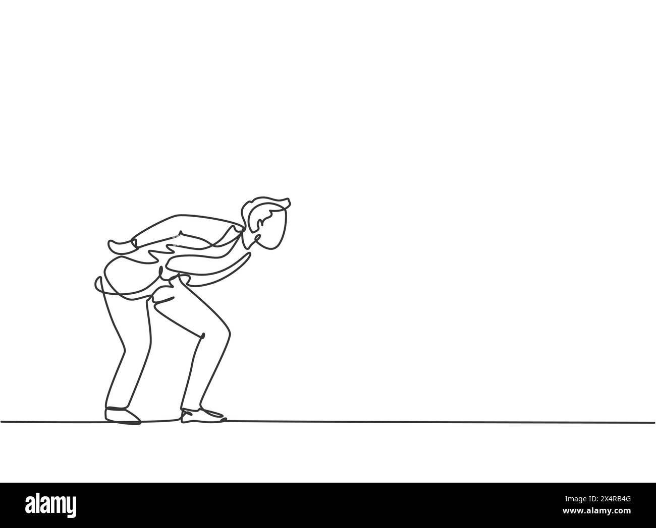 Single one line drawing of young business man bent over because work ...