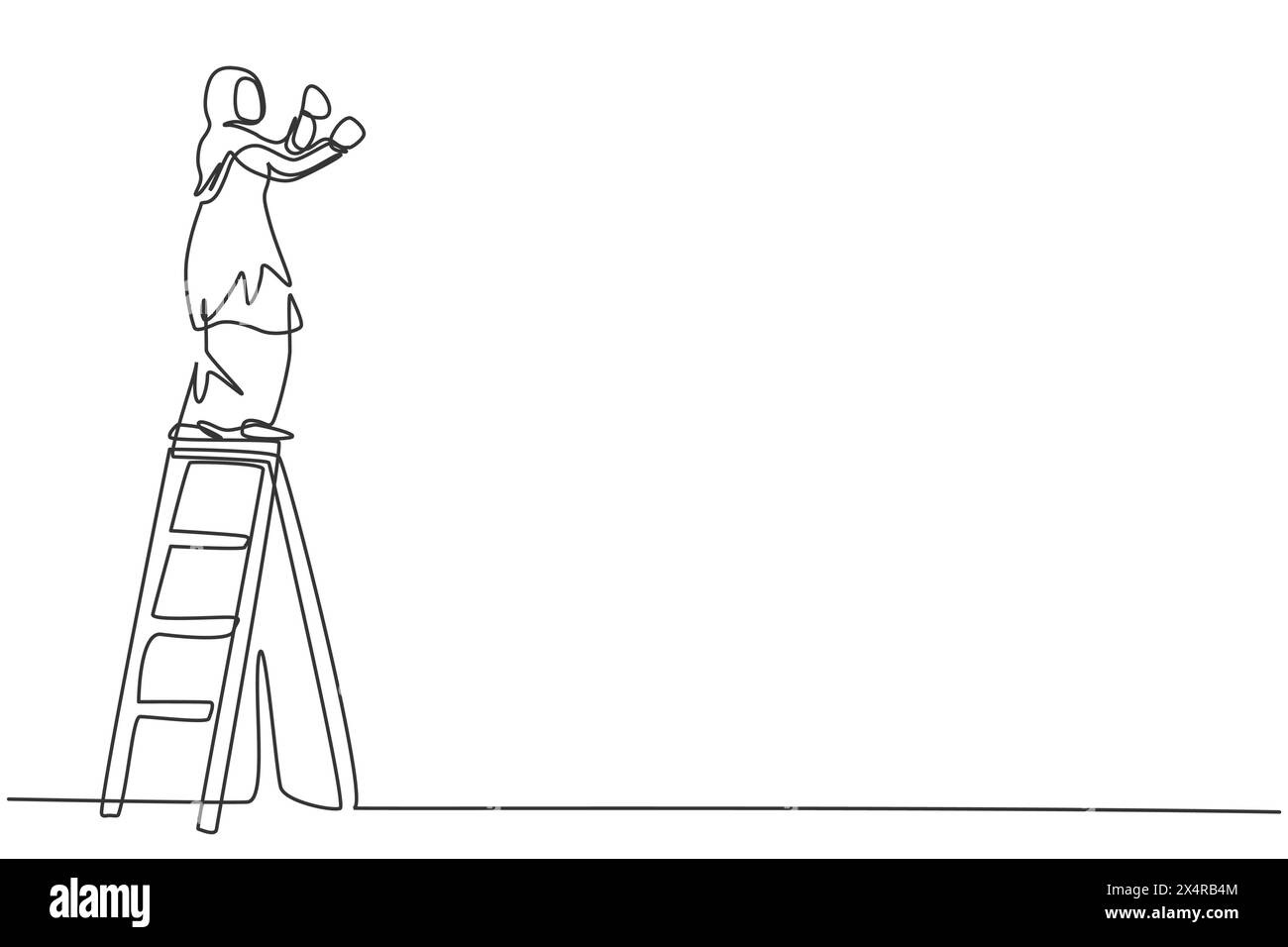 Continuous one line drawing of young Arabic female worker climb the ...