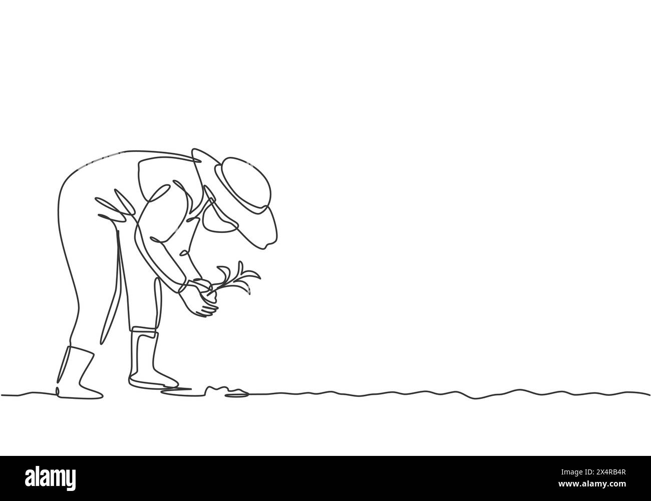 Continuous one line drawing young female farmer planting plant shoots ...