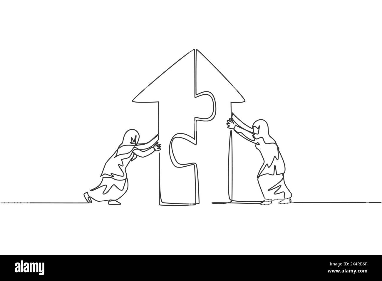 Continuous one line drawing two young Arabic female workers pushing ...