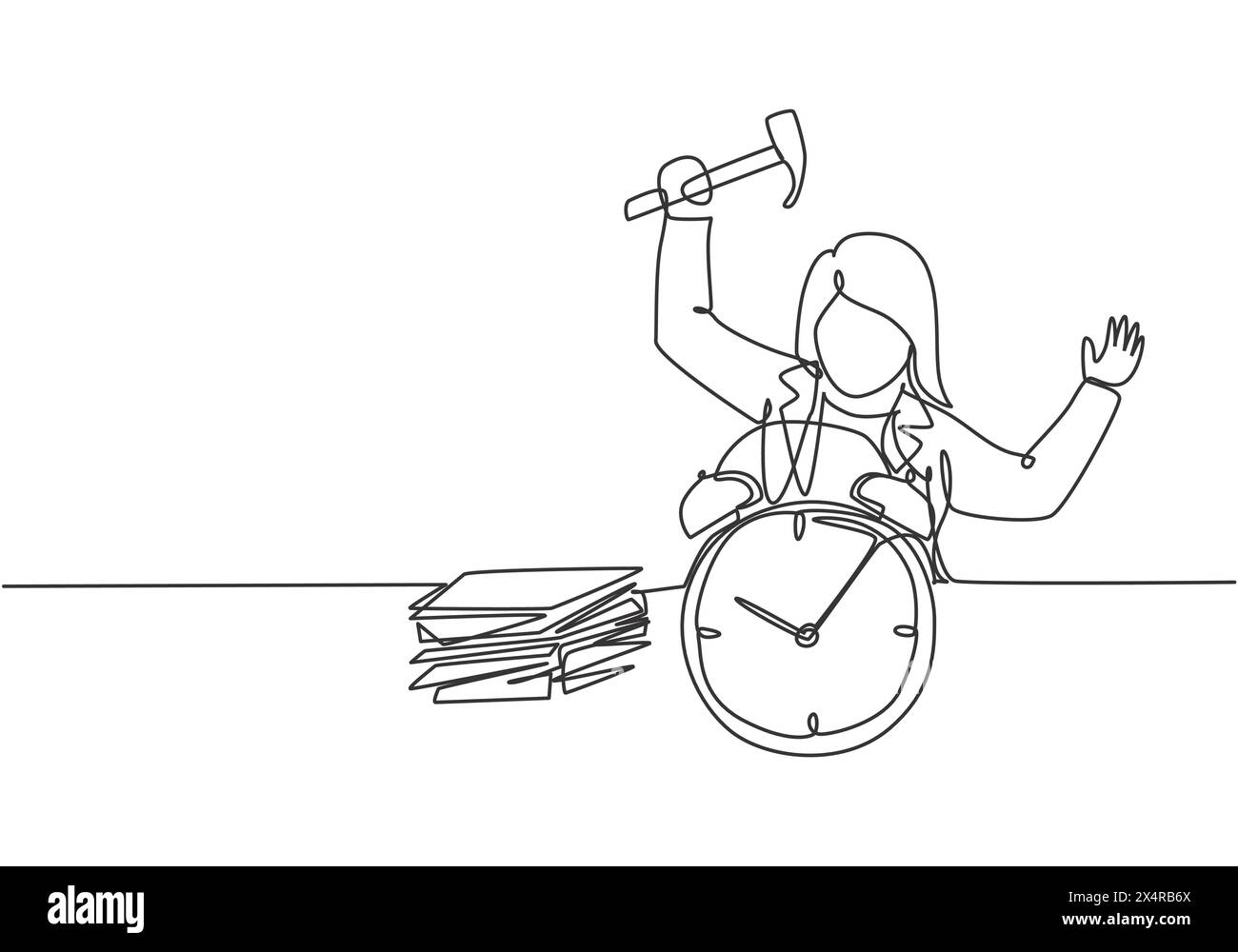 Continuous one line drawing stressful business woman hit the alarm ...