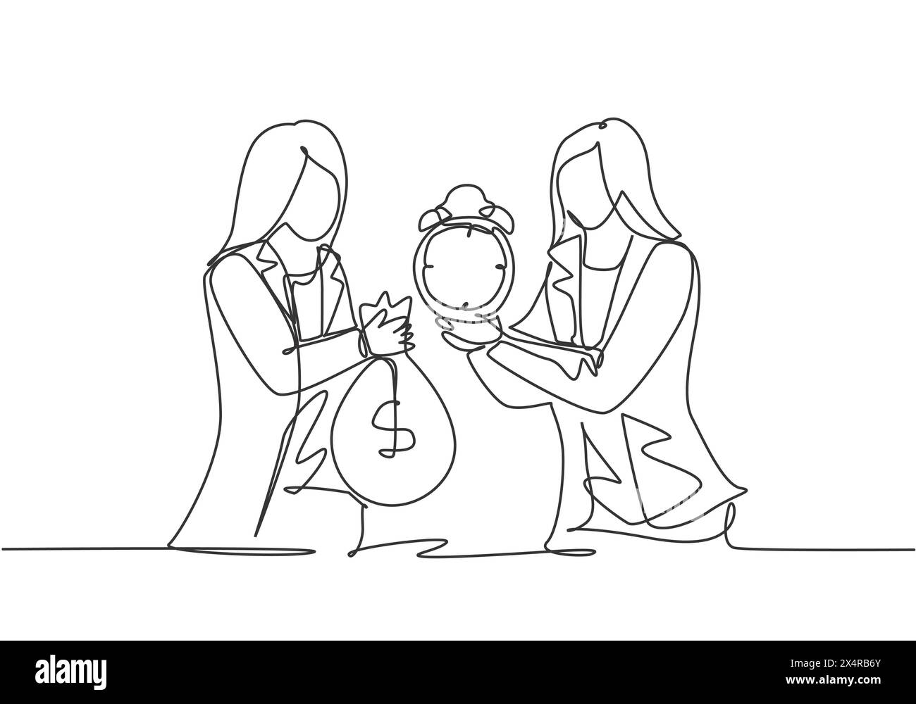 Single continuous line drawing two young business woman exchange money ...
