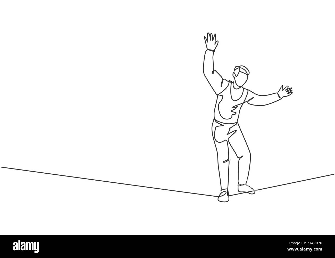 Continuous one line drawing a male acrobat walking on a rope while ...