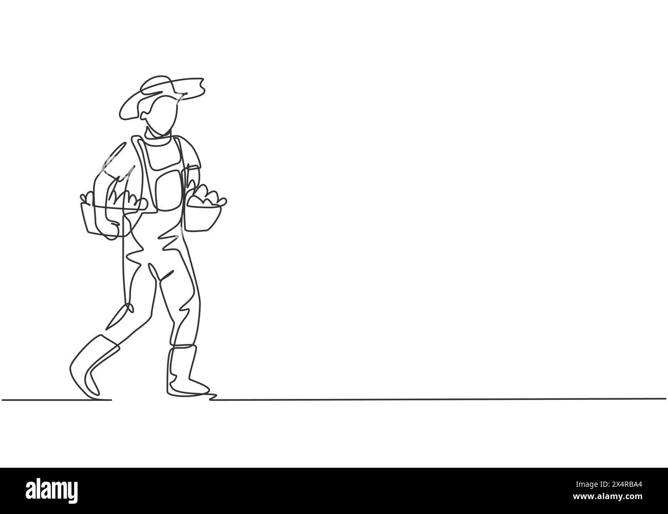 Single continuous line drawing male farmer carrying boxes and baskets ...