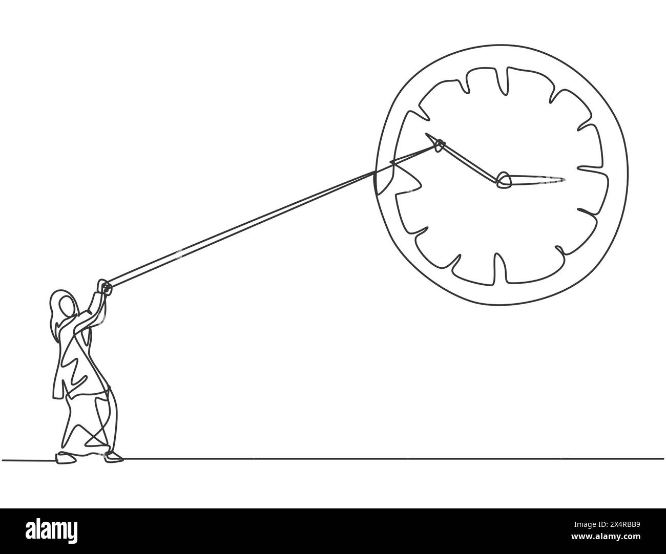 Single continuous line drawing young Arab business woman pulling ...