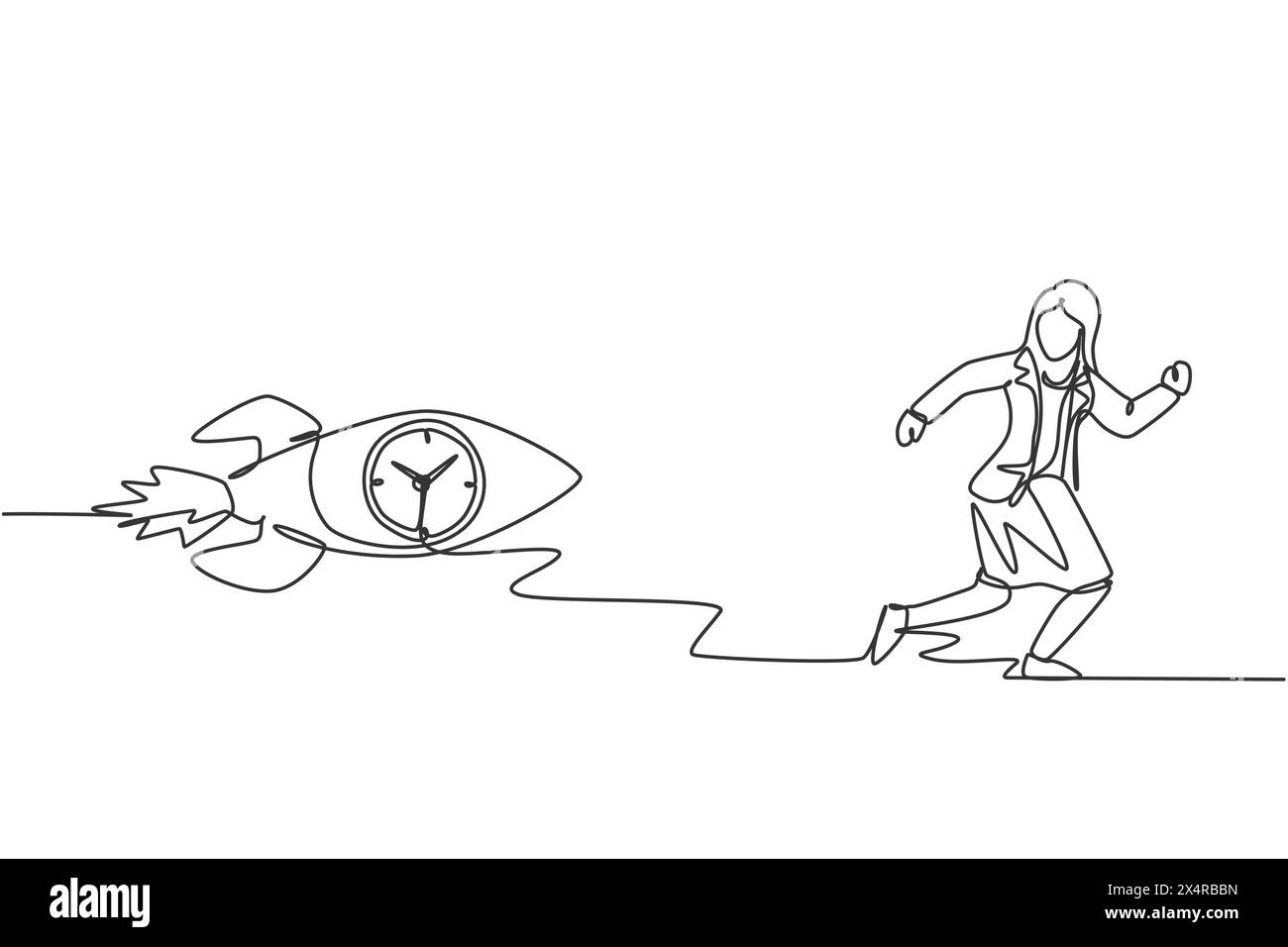 Single one line drawing of young business woman chased by flying rocket ...