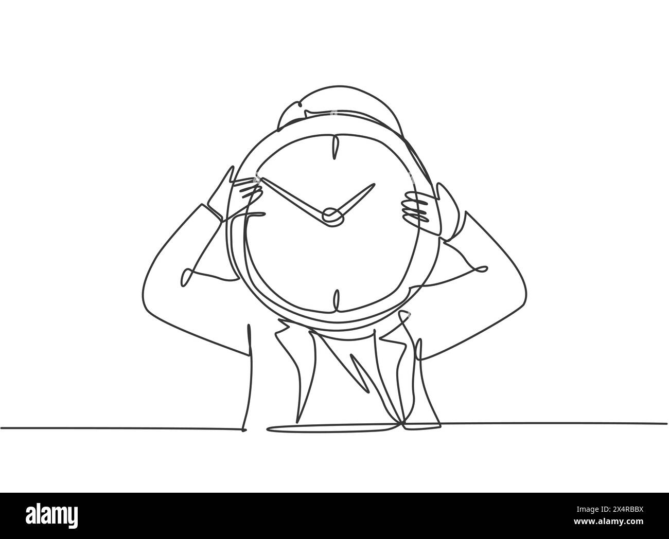 Continuous one line drawing young woman worker holding analog clock ...
