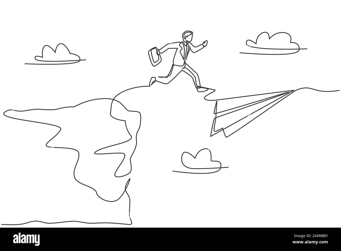 Single one line drawing young smart business man jumping from edge ...