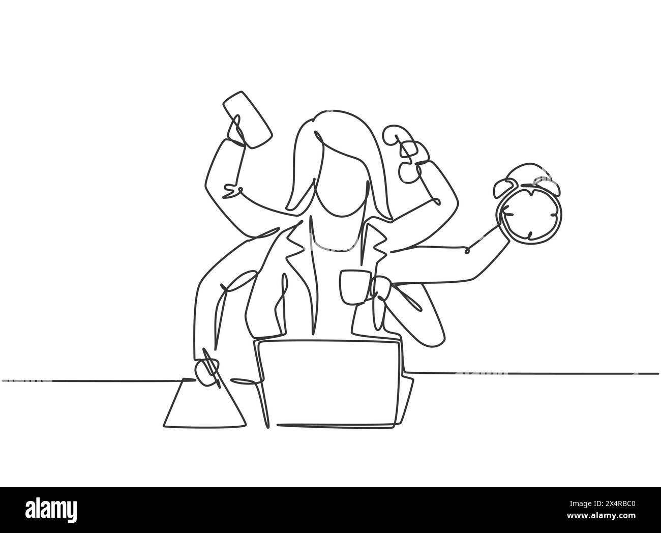 Single one line drawing of young business woman with holding telephone ...