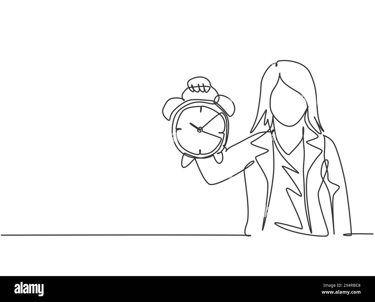Single one line drawing of young business woman holding analog alarm ...