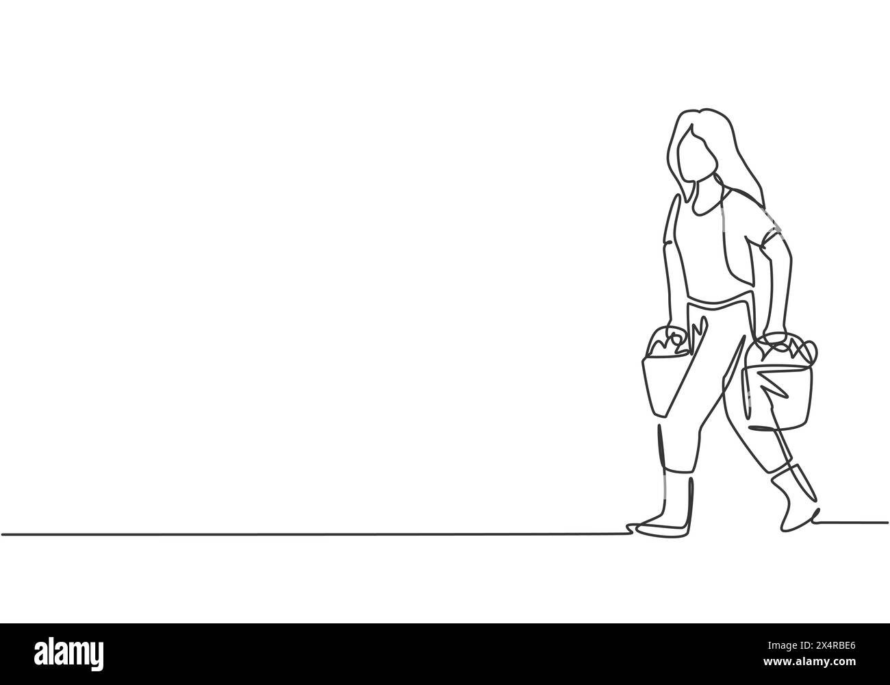 Continuous one line drawing young female farmer carrying boxes and ...