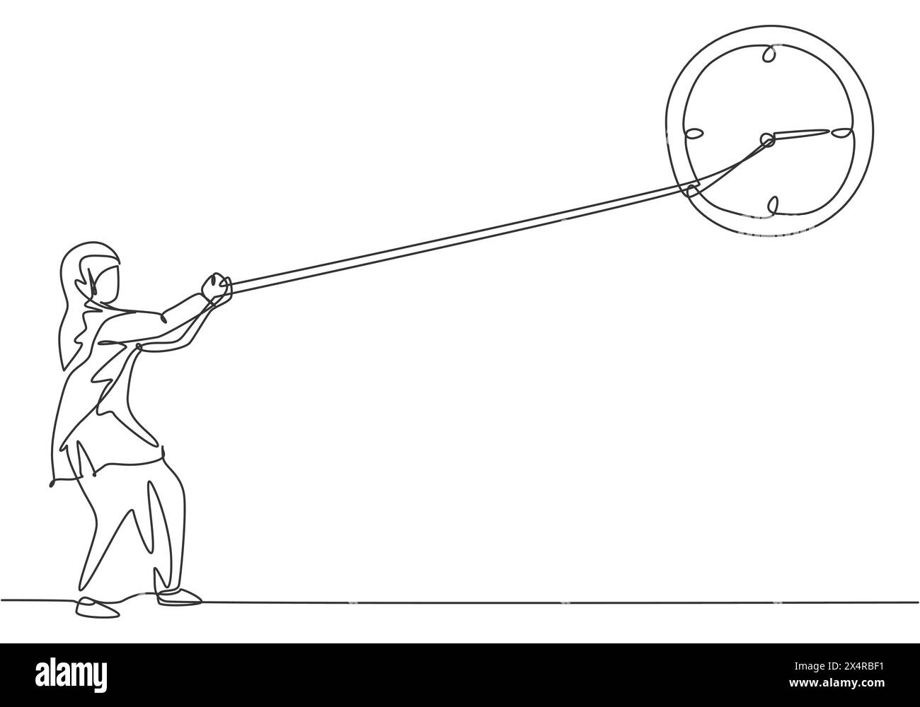 Continuous one line drawing young Arab female worker pulling clockwise ...