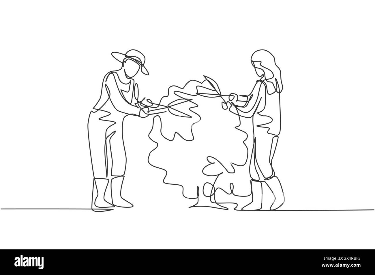 Continuous one line drawing young couple farmer cut the leaves on the ...