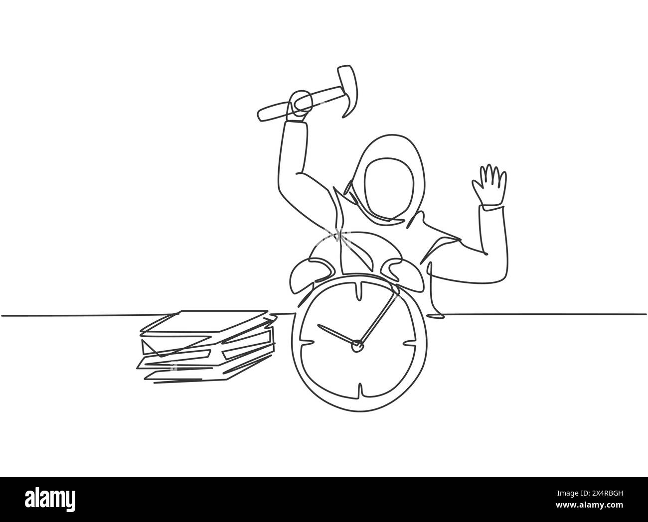 Continuous one line drawing stressful young Arab female worker hit the ...