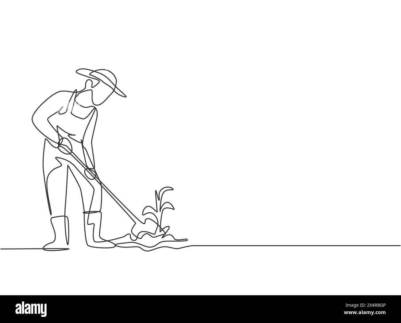 Continuous one line drawing young male farmer shoveled the soil with ...