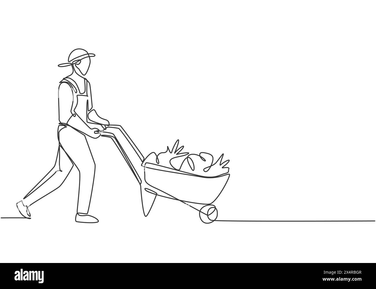 Single one line drawing of male farmer pushes the wheelbarrow trolley ...