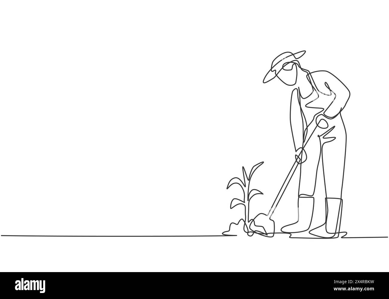 Single continuous line drawing young female farmer shoveled the soil ...
