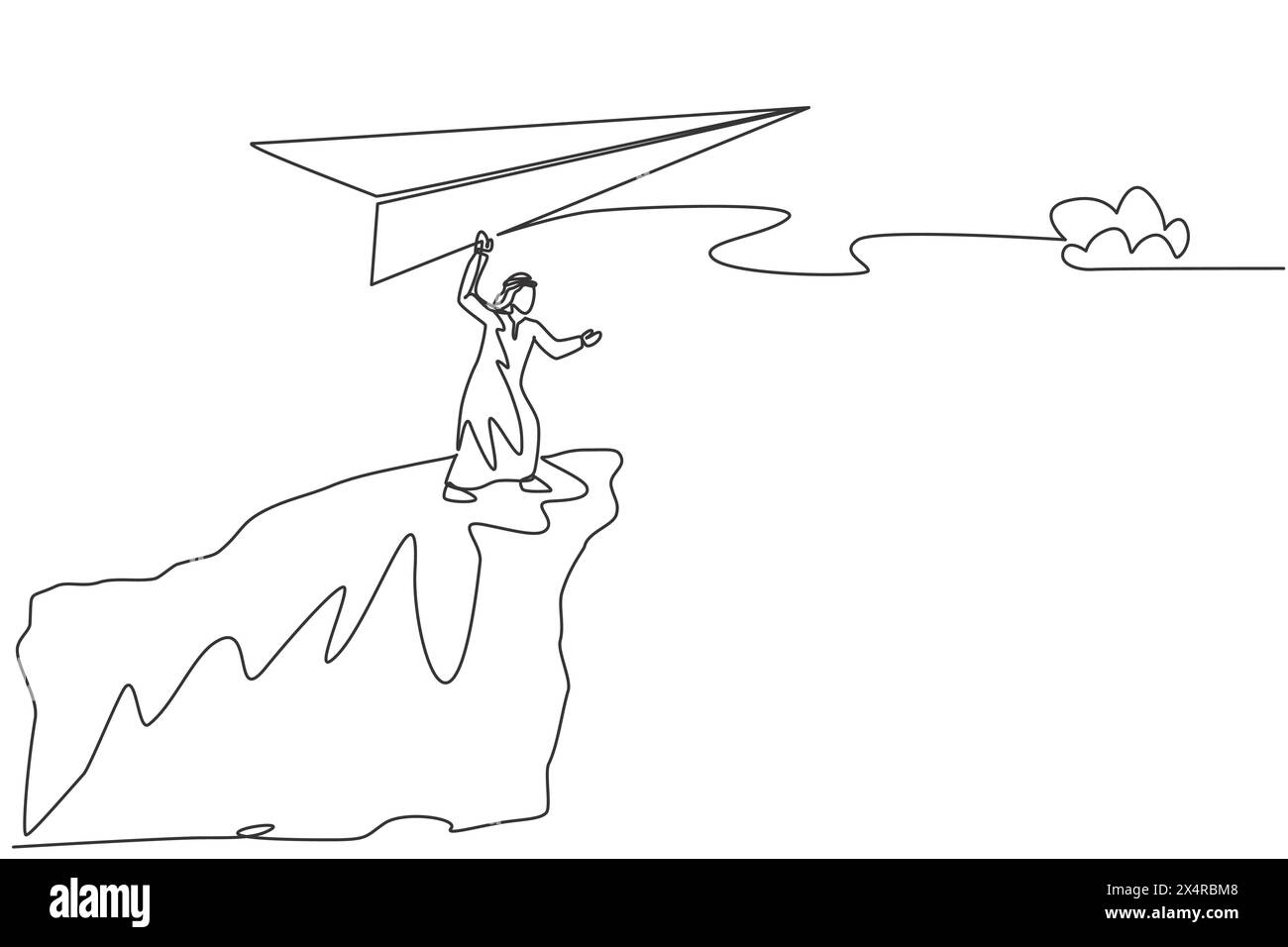 Single one line drawing of young Arabian business man fly paper plane ...