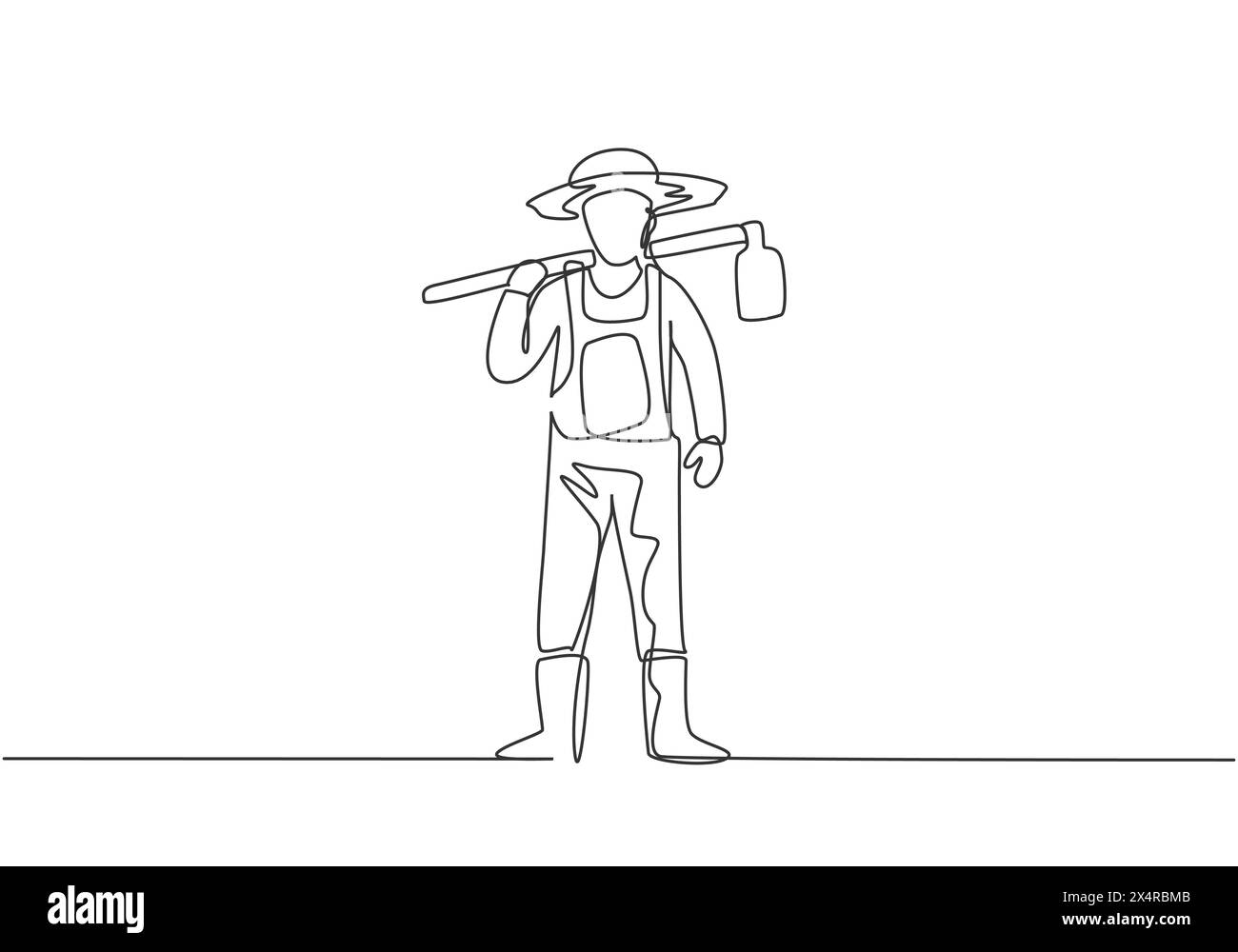 Single one line drawing of young male farmer carried hoes on his ...
