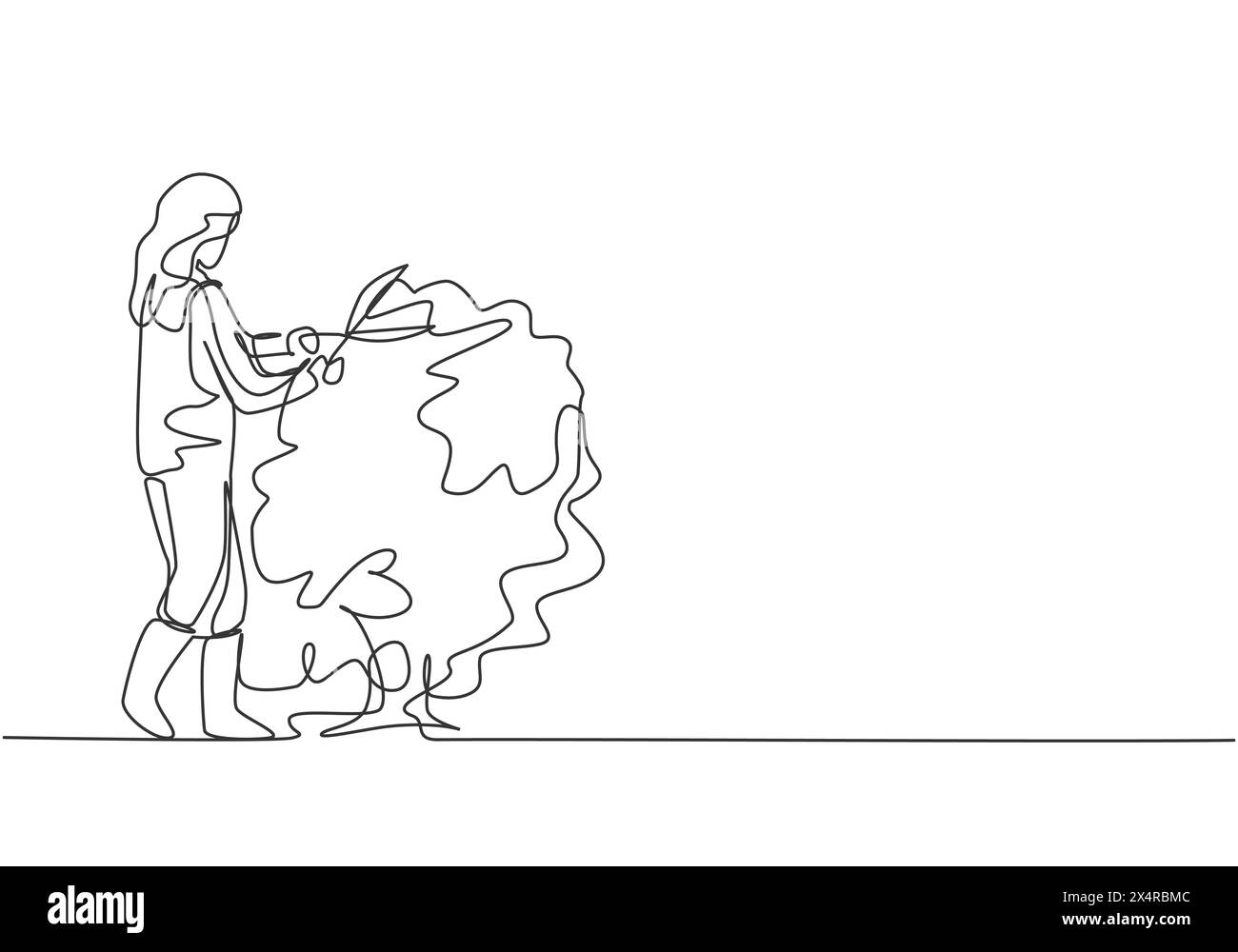 Continuous one line drawing young female farmer cut the leaves on the ...