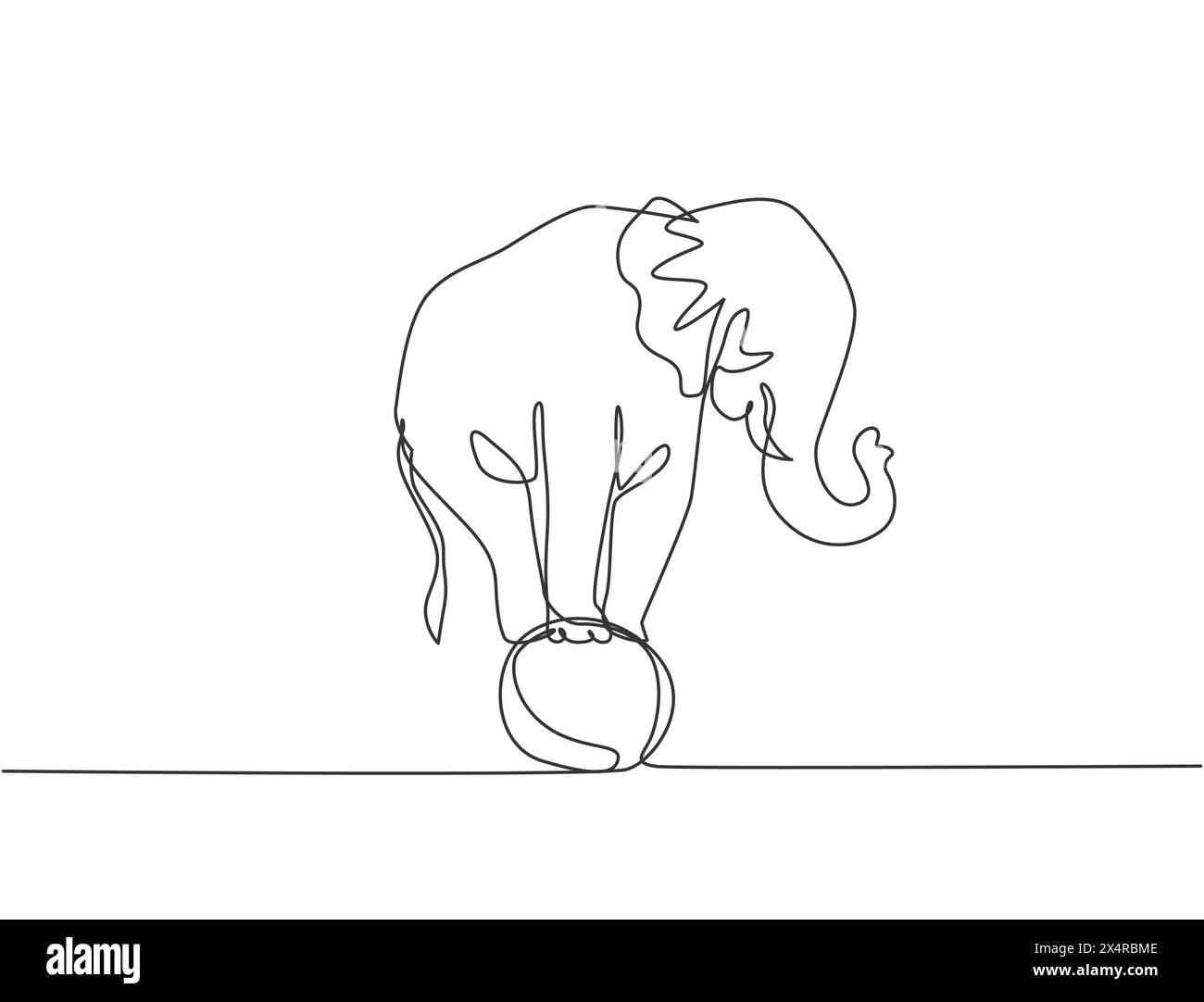 Single continuous line drawing a cute elephant stands on the ball with ...