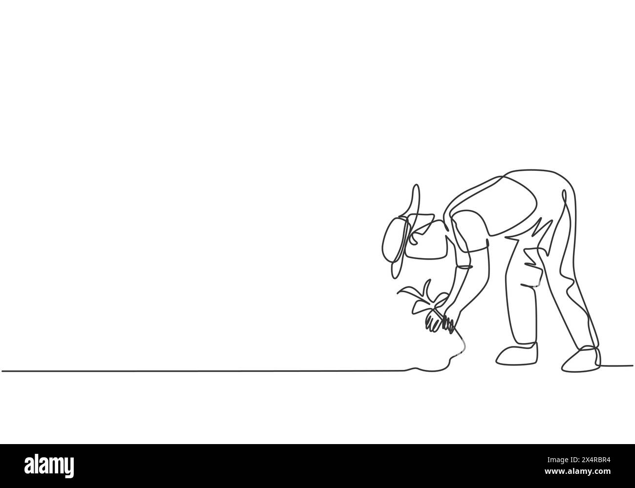 Single one line drawing of young male farmer plant crops in the farm ...