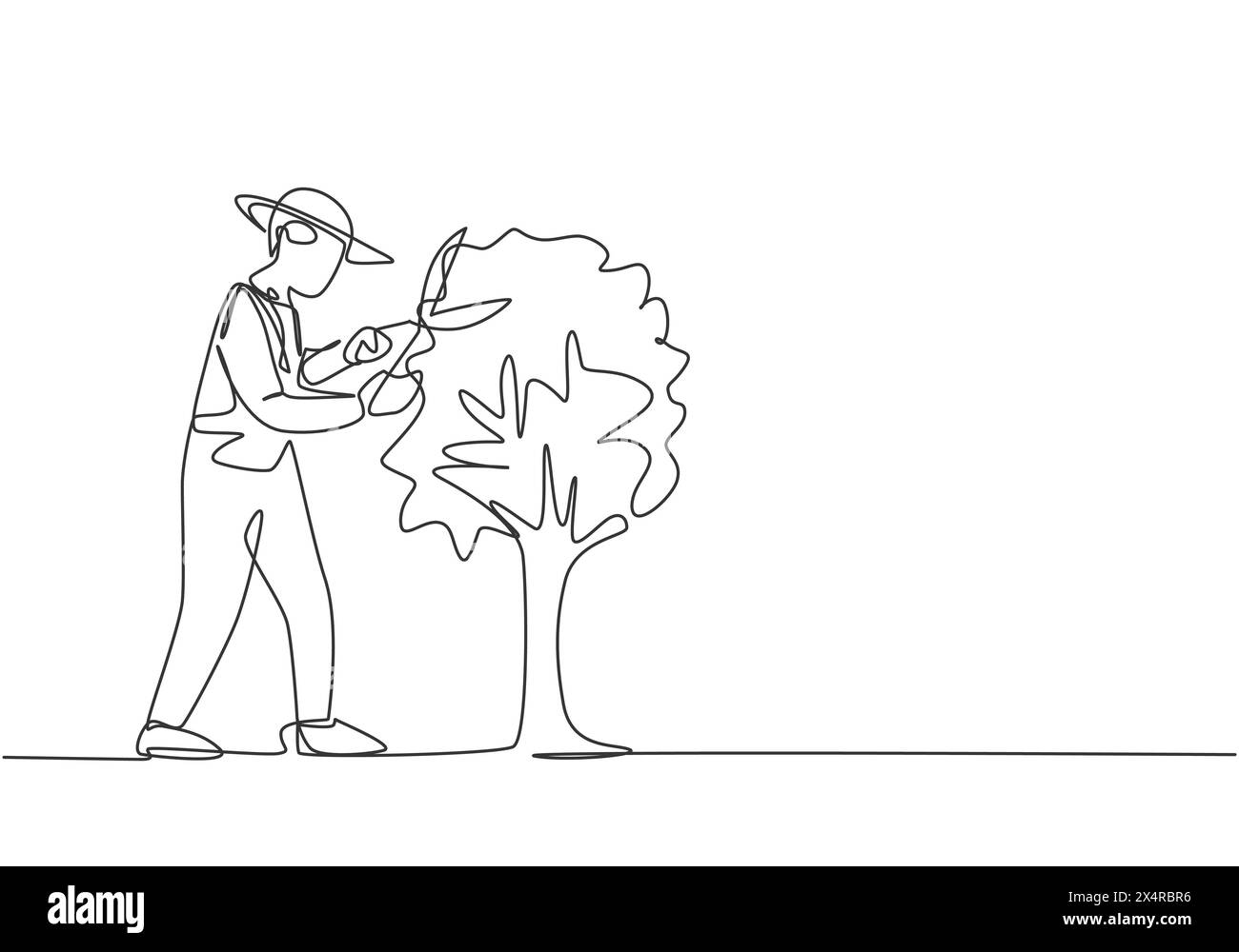 Single one line drawing of young male farmer cut the leaves on the tree ...