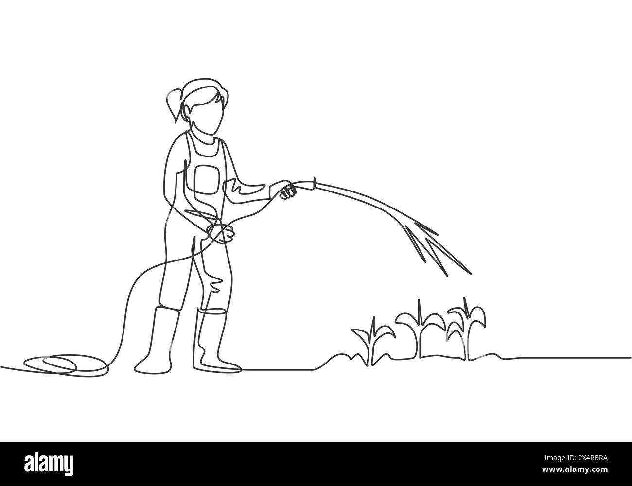 Continuous one line drawing young female farmer standing on farm field ...