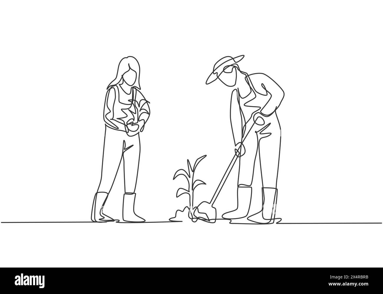 Single continuous line drawing young couple farmer shoveled the soil ...