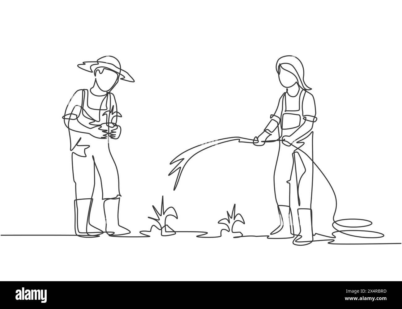 Single continuous line drawing couple farmer watering the plants using ...