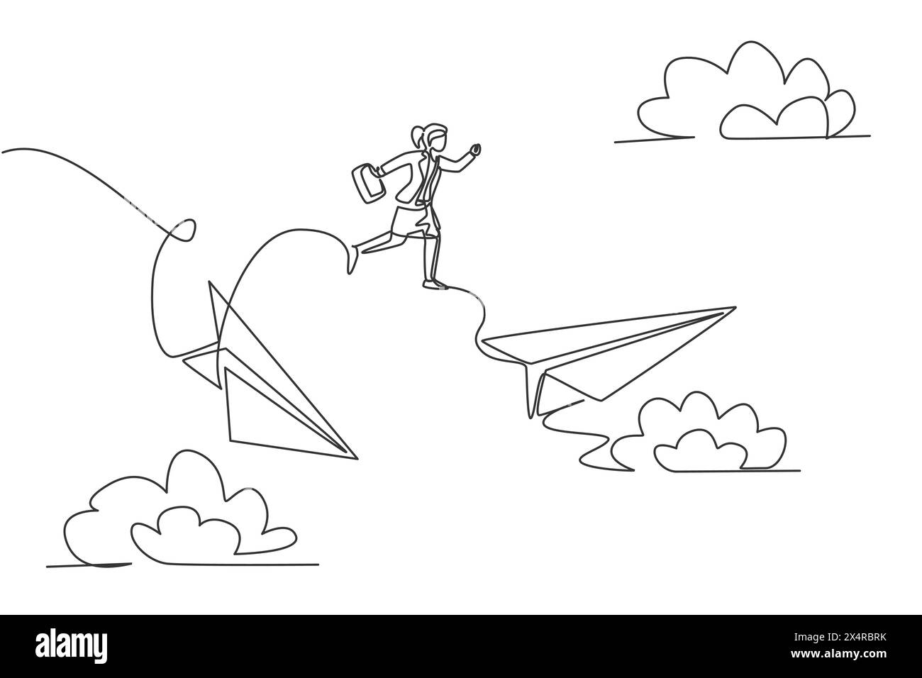 Continuous one line drawing of young female worker jumping from crash ...