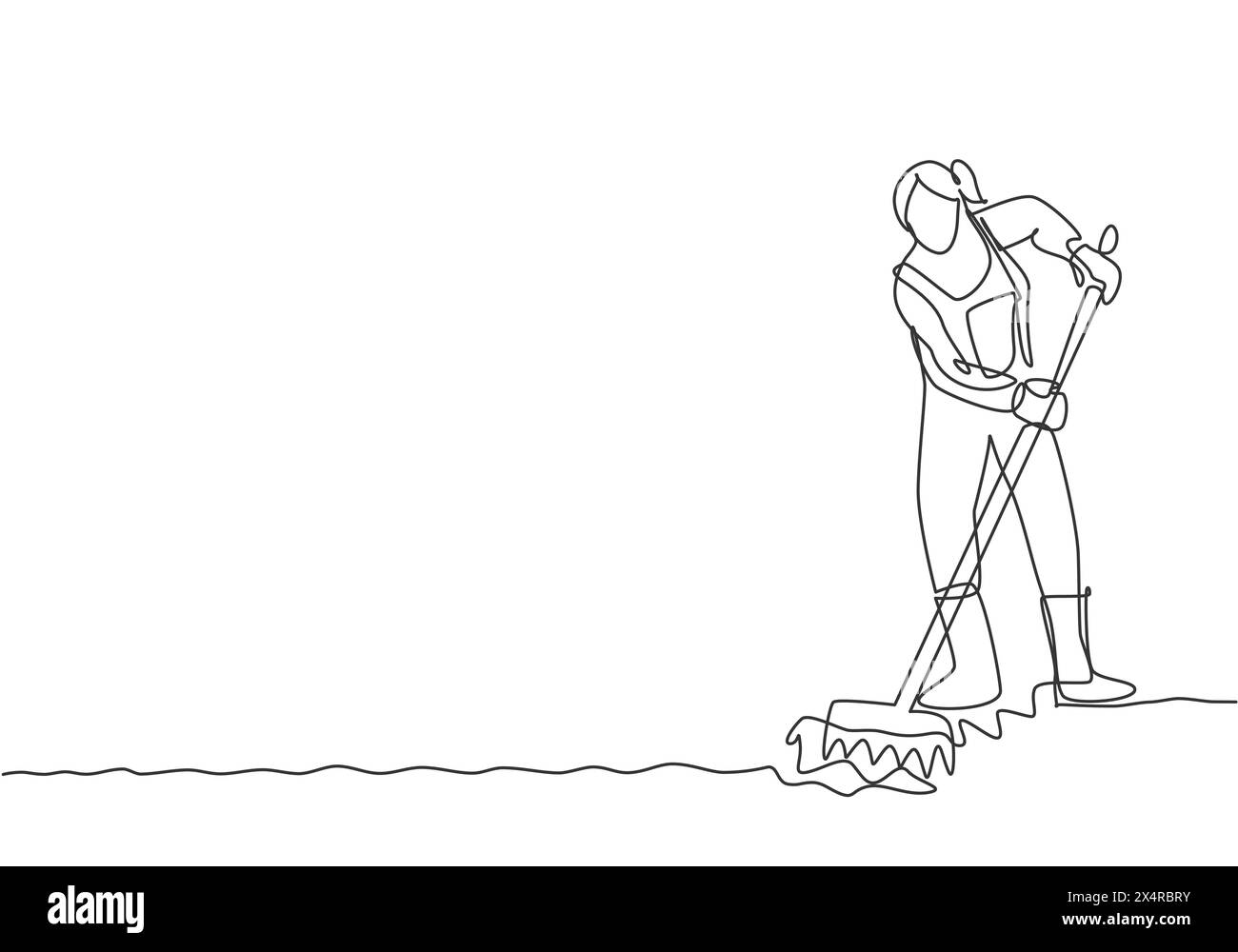 Single continuous line drawing young female farmer leveling the ground ...