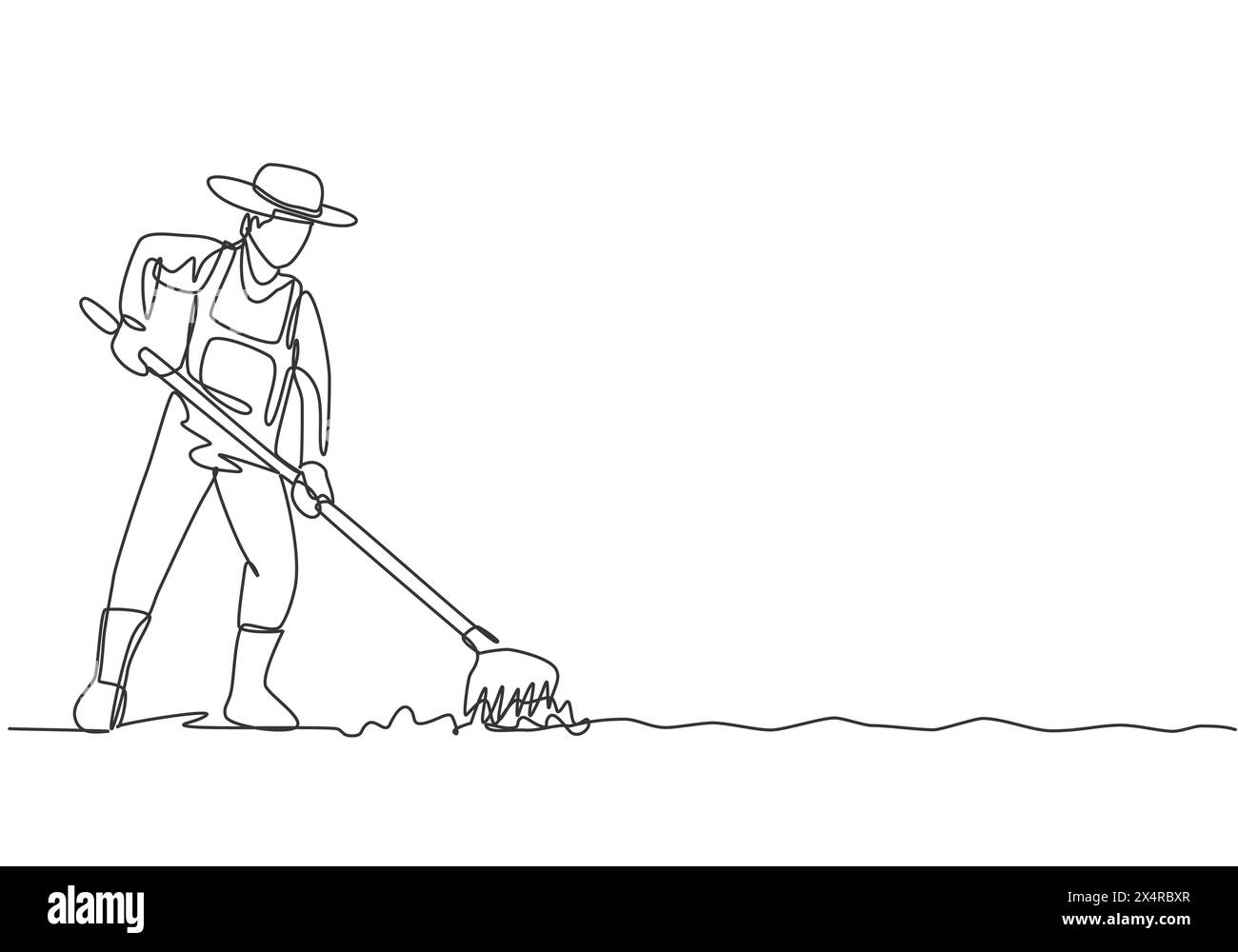 Continuous one line drawing young male farmer leveling the ground using ...
