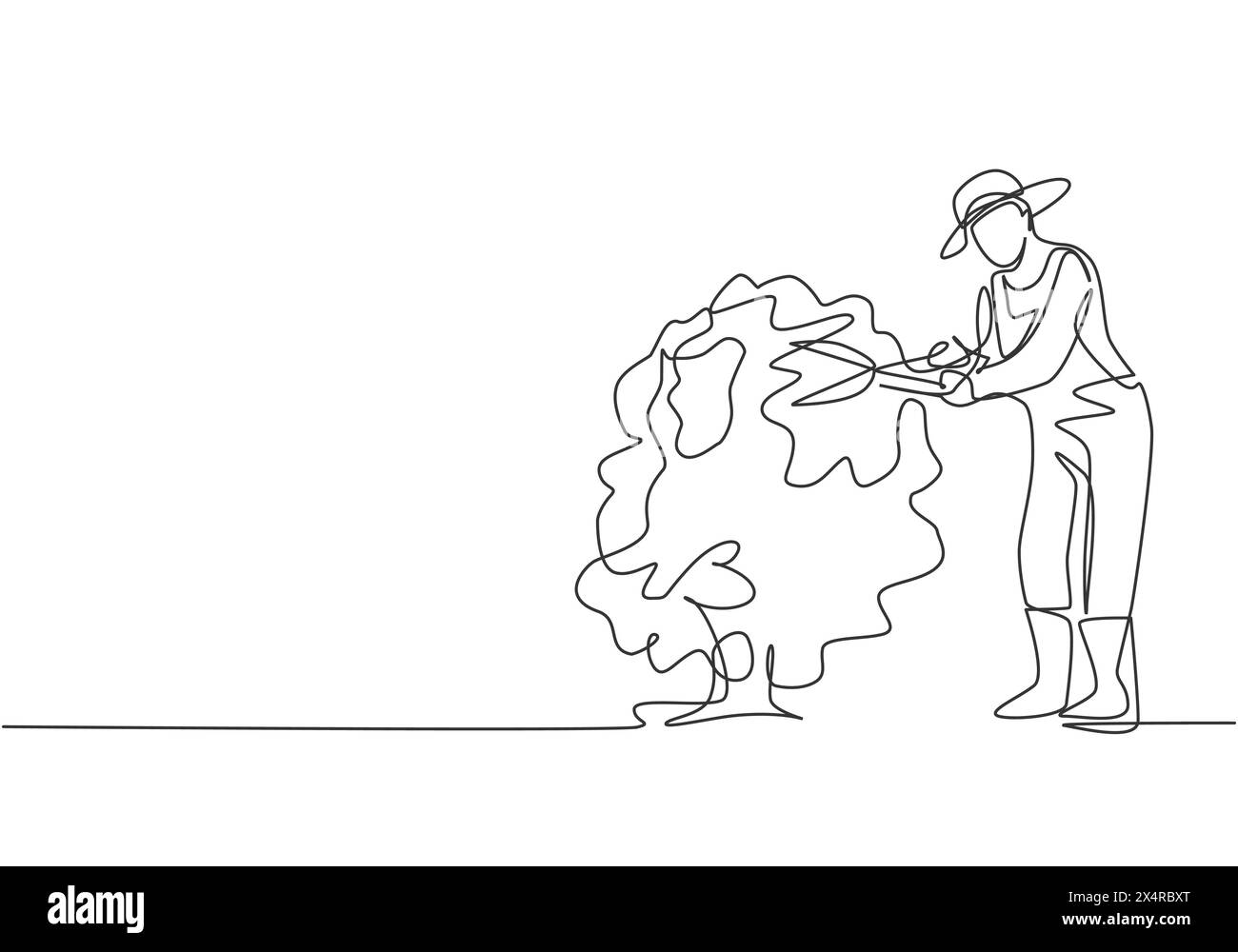 Single one line drawing of young male farmer cut the leaves on the tree ...